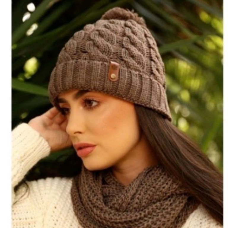 Gorro Touca + Cachecol Gola Infinita Feminina Lenço Tricot Lã Trança ...