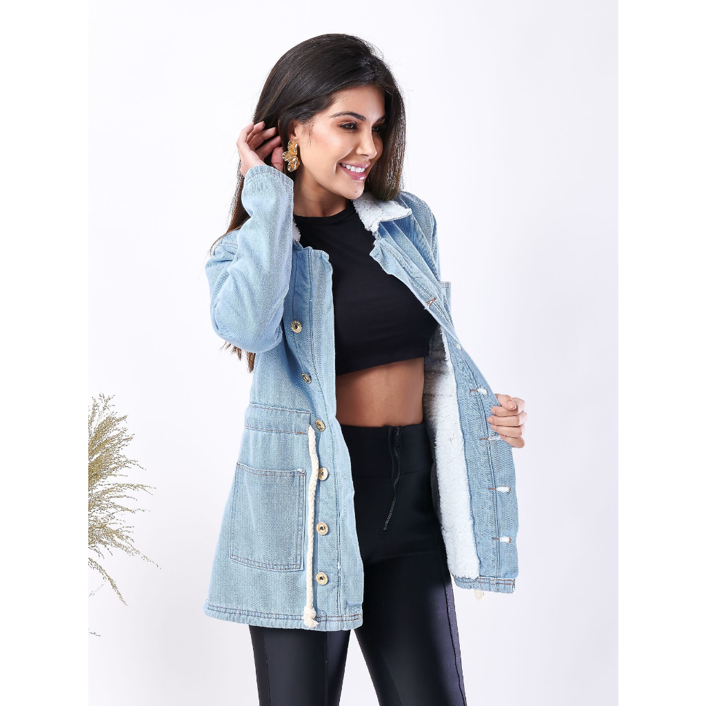 Jaqueta Parka Jeans feminina com Pelos Internos | Shopee Brasil