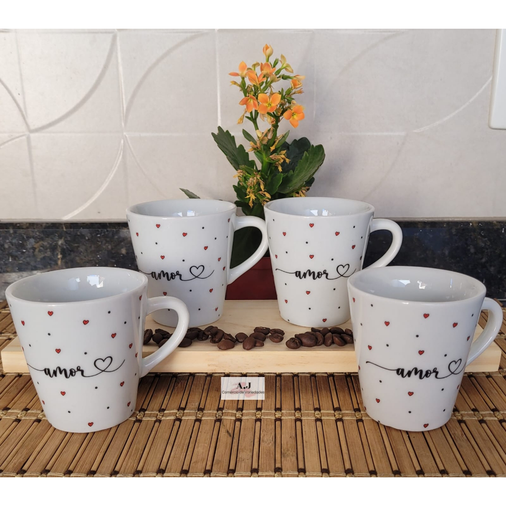 Jogo 4 Xicaras 120ml Café Porcelana branca Decoradas | Shopee Brasil