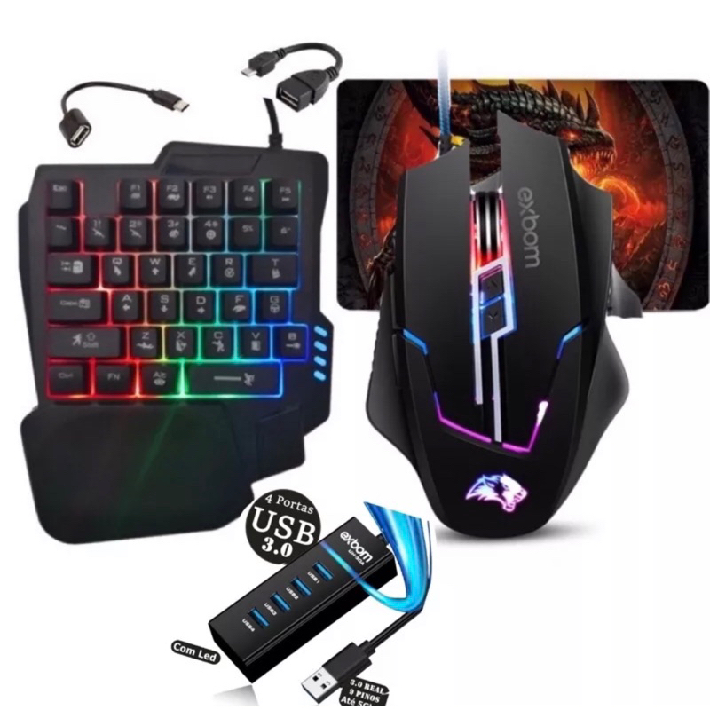 Kit Mobilador Gamer Completo Teclado One Hand E Mouse + Kit Celular ...