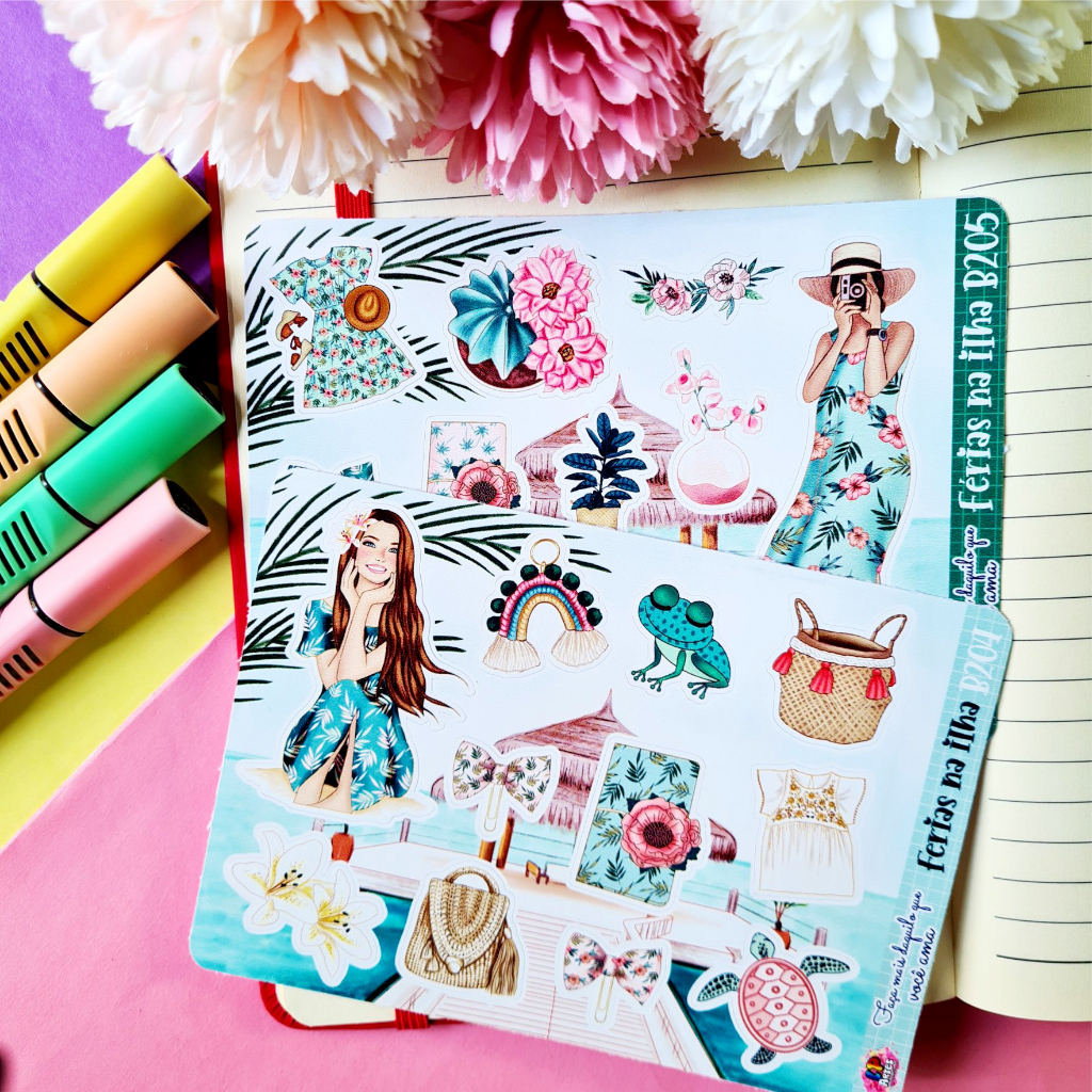 Férias Na Ilha - Cartela de Adesivos decorativos para bujo, planner ...