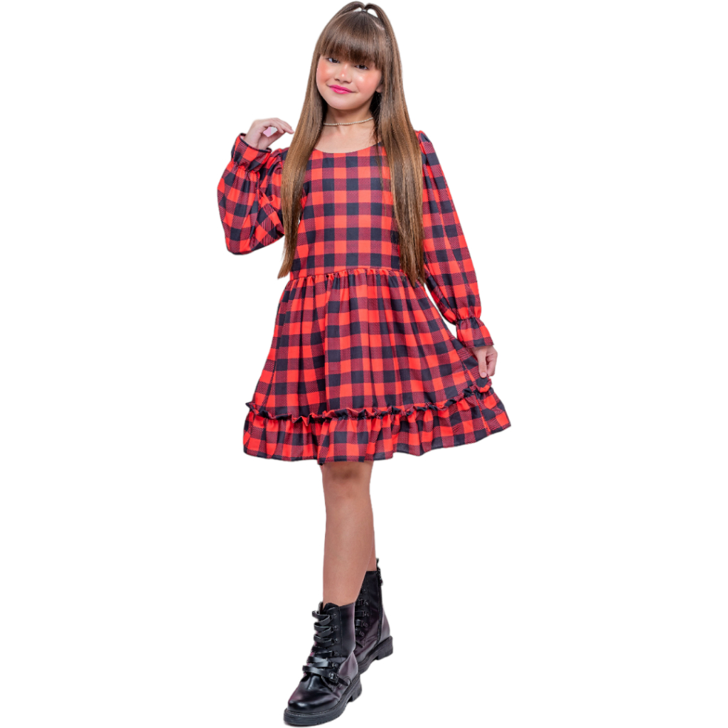 Vestido Manga Longa Comprida Xadrez Country Menina Moda Infantil ...