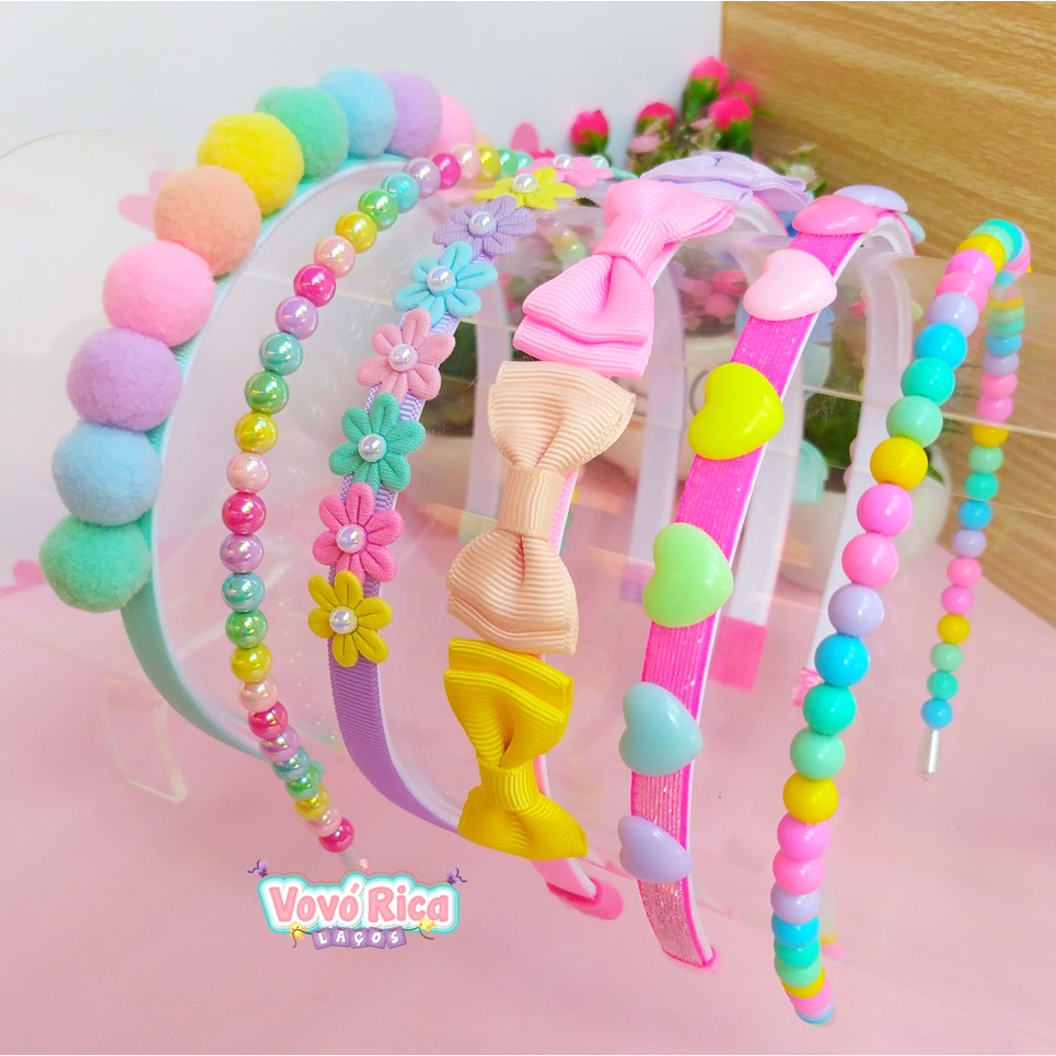 Tiara de cabelo infantil colorida com pompom cores candy , lacinhos ...