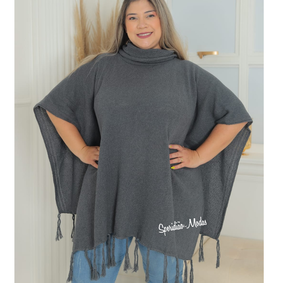 Poncho Plus Size C/Gola Boba e Franja Trico | Shopee Brasil