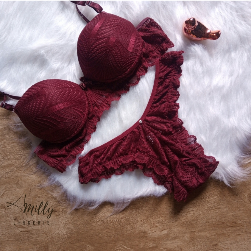 Langerie Sexy Feminina Vinho Bojo Renda Conjunto Sutian Calcinha Bordo ...