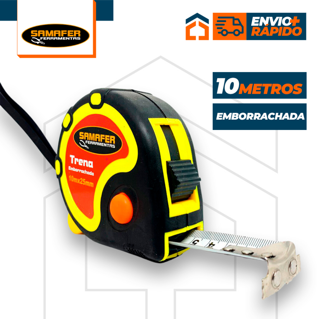 Trena 10 Metros X 25mm Com Imã Emborrachada Fita Metrica 3 Travas ...