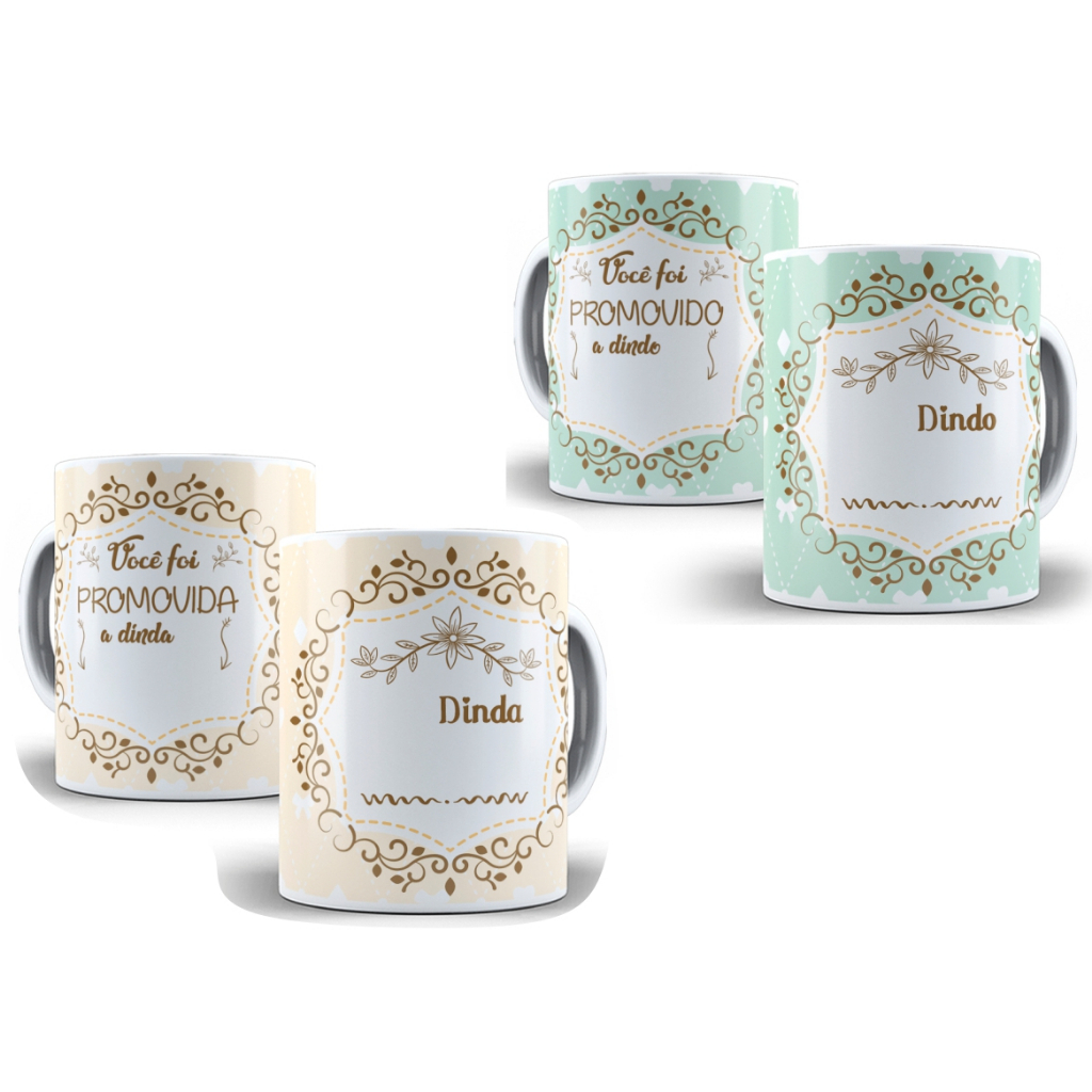 Kit 2 Canecas Xícaras de Porcelana Personalizada- Padrinho E Madrinha De Batismo Dinda E Dindo ...