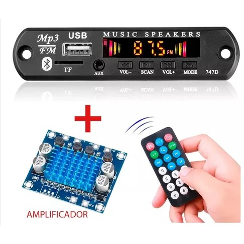 Kit Placa Mp3 Usb Bluetooth + Amplificador 30+30 60w 2 Canal - Faz a Boa!