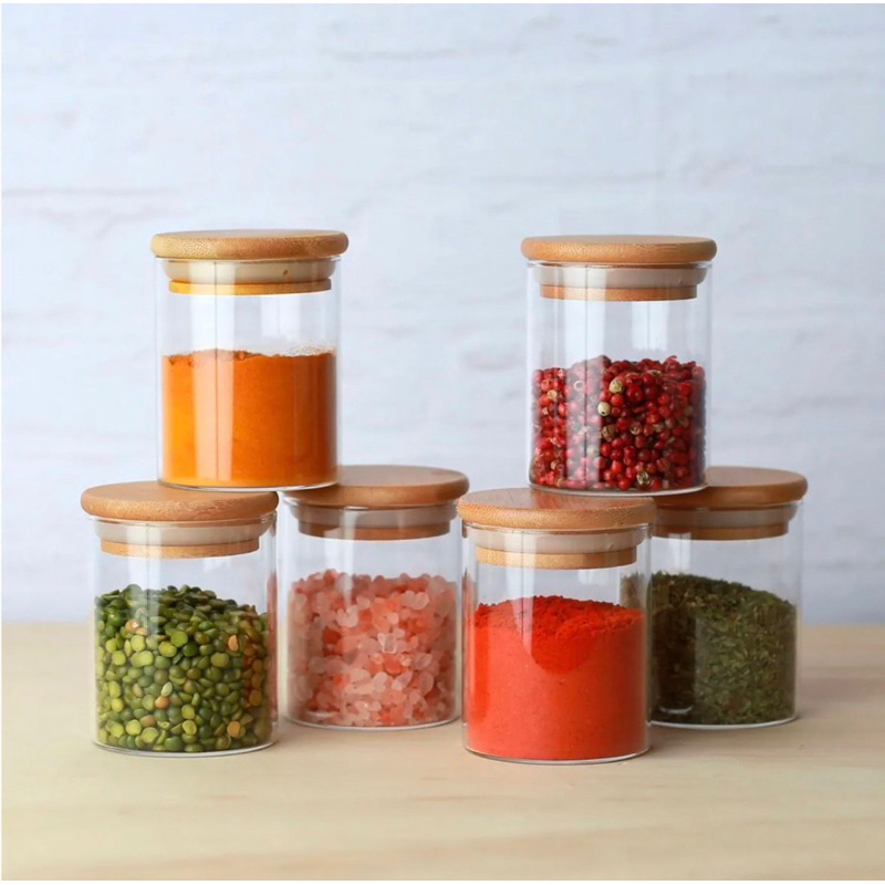 Kit 6 Potes Frasco de Vidro Com Tampa de Bambu Para Condimentos ...