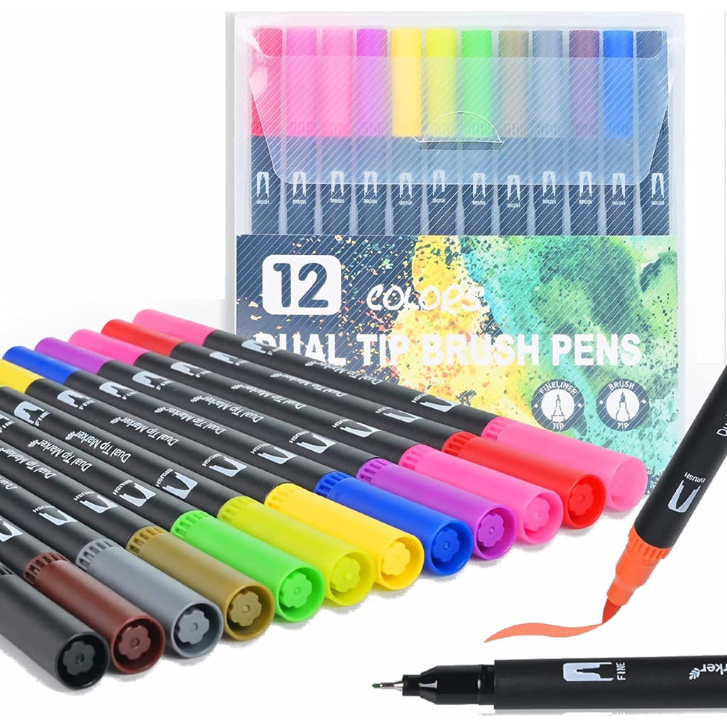 Caneta Brush Pen Duas Pontas Dual Tip Kit 12 Cores Fineliner | Shopee ...