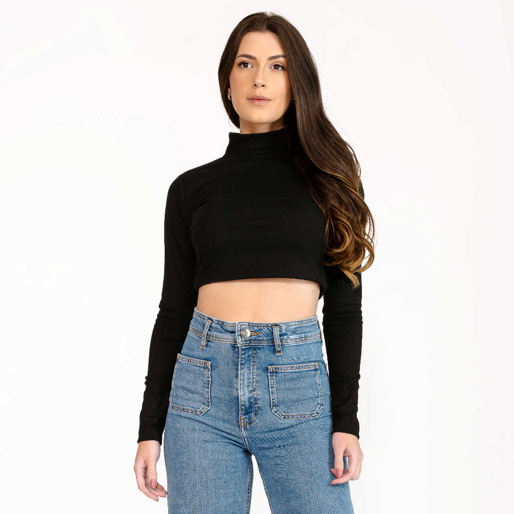 Blusa Cropped Canelada Feminina Gola Alta e Manga Longa Inverno ...