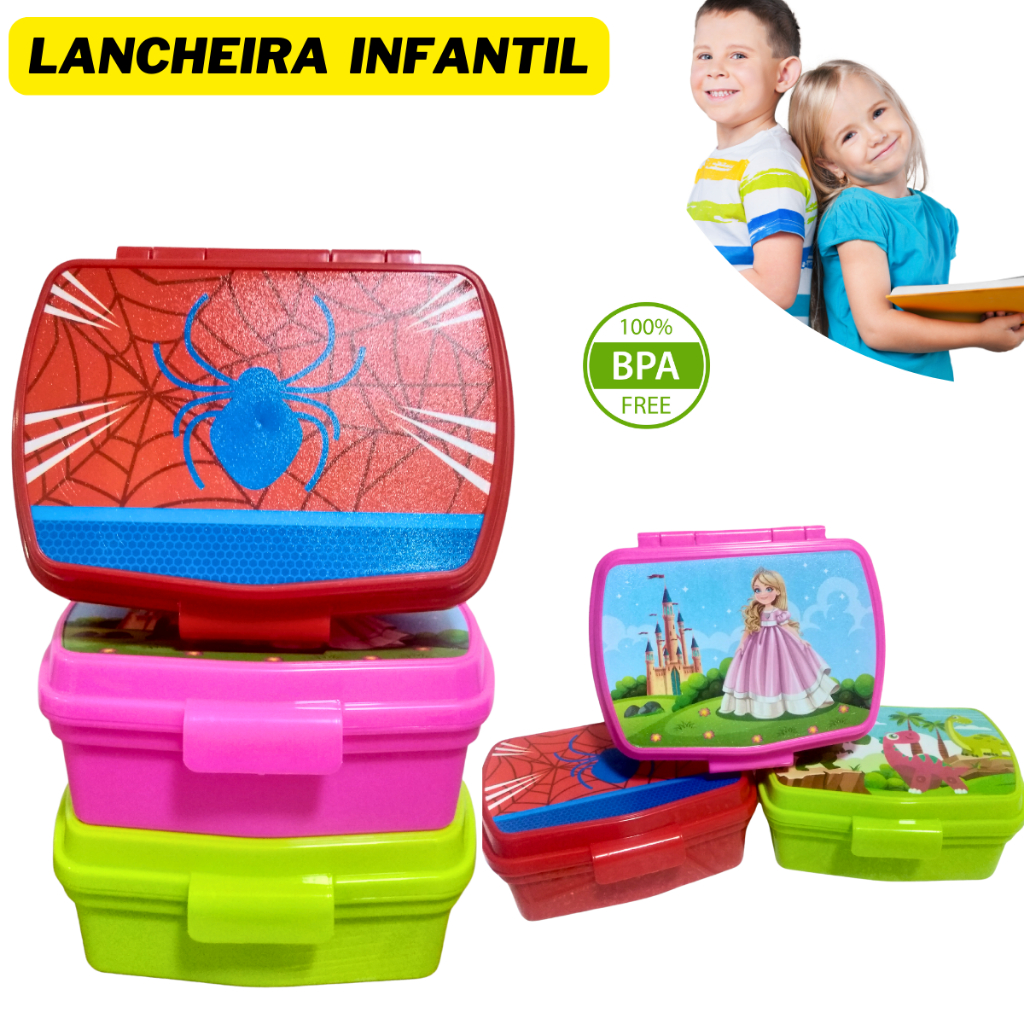 Lancheira Infantil Com divisória Lindas, TUBARÃO,ARANHA,PRINCESA ESCOLA ...