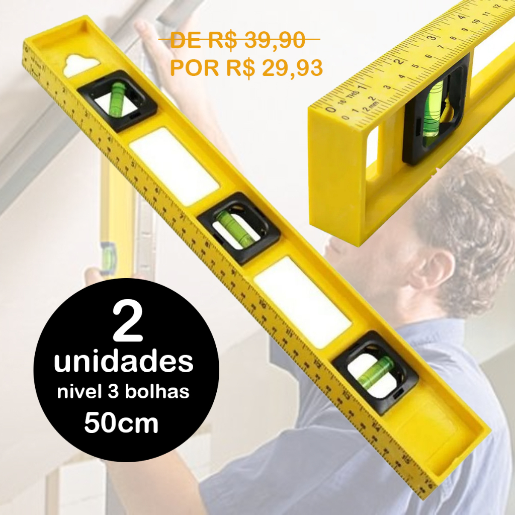 02 Nível Pedreiro Profissional 50cm Abs Resistente 3 bolhas régua de ...