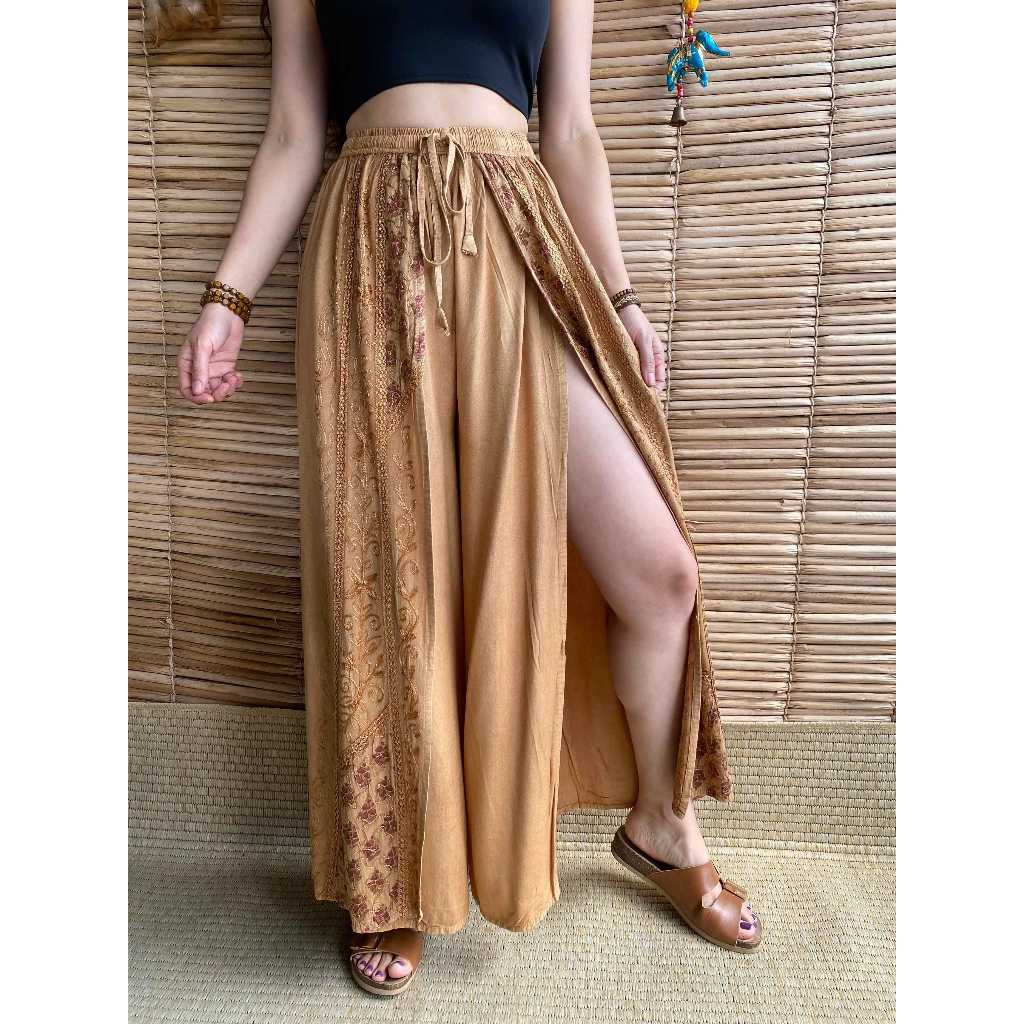 Calça Indiana Pantalona Com Fenda Bordada Moda Feminina Hippie | Shopee ...