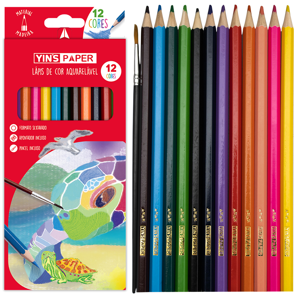Lápis De Cor Aquarelavel Sextavado 12 Cores + Apontador E Pincel ...
