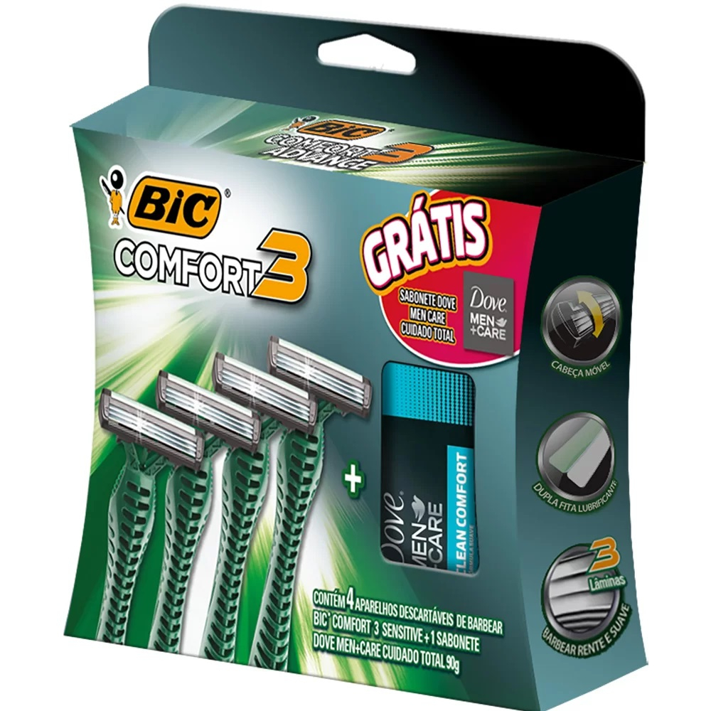Aparelho De Barbear Bic Comfort 3 Advance Sensitive Verde 4 Unidades De Barbeador 1 Sabonete