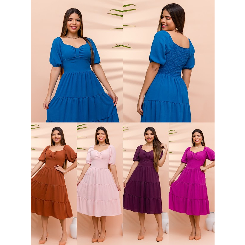 VESTIDO MIDI LONGUETE FORRADO MODA EVANGELICA TECIDO CREPE DUNA CORES ...