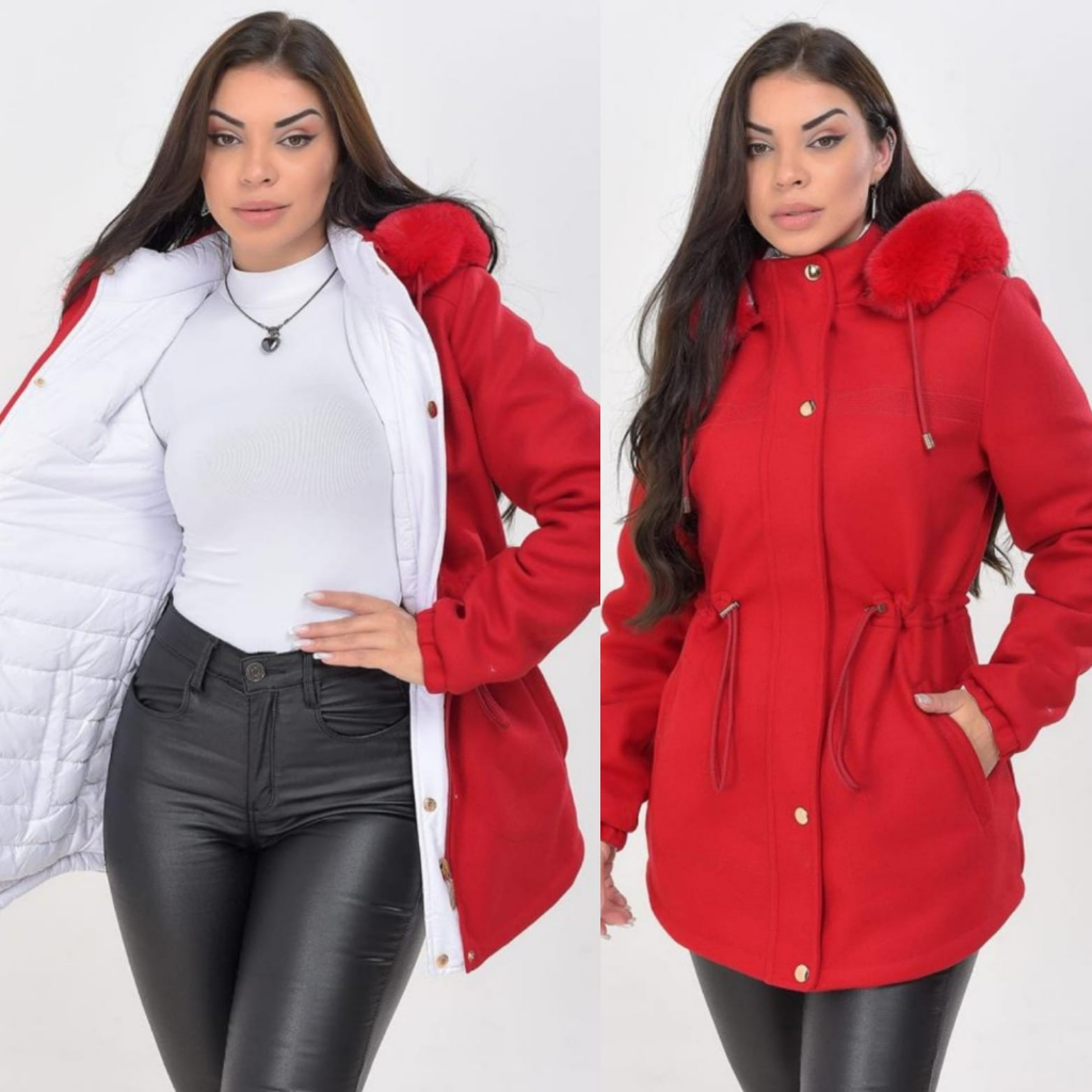 Parca Dupla Face Lã Batida com Capuz | Shopee Brasil