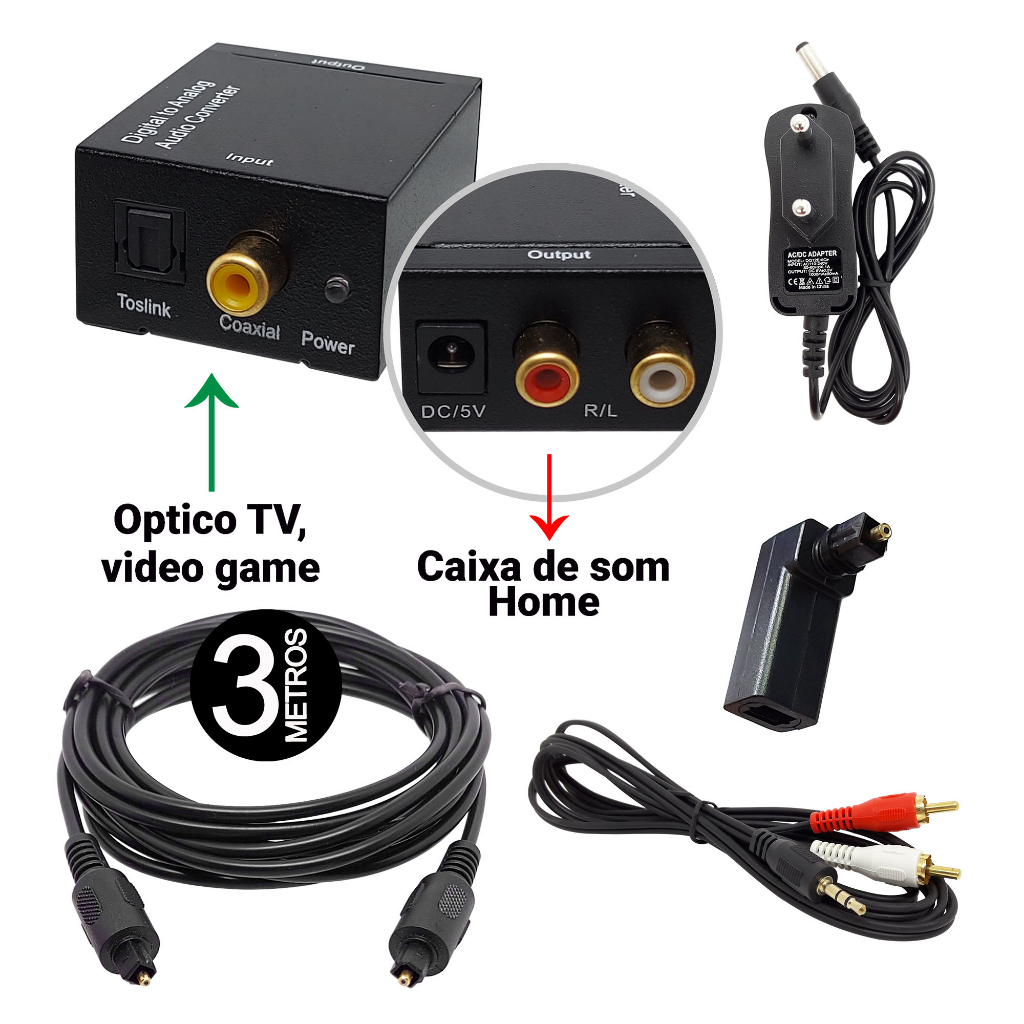 Kit Conversor optico para analogico RCA cabo optico 3 Mts cabo P2 RCA ...