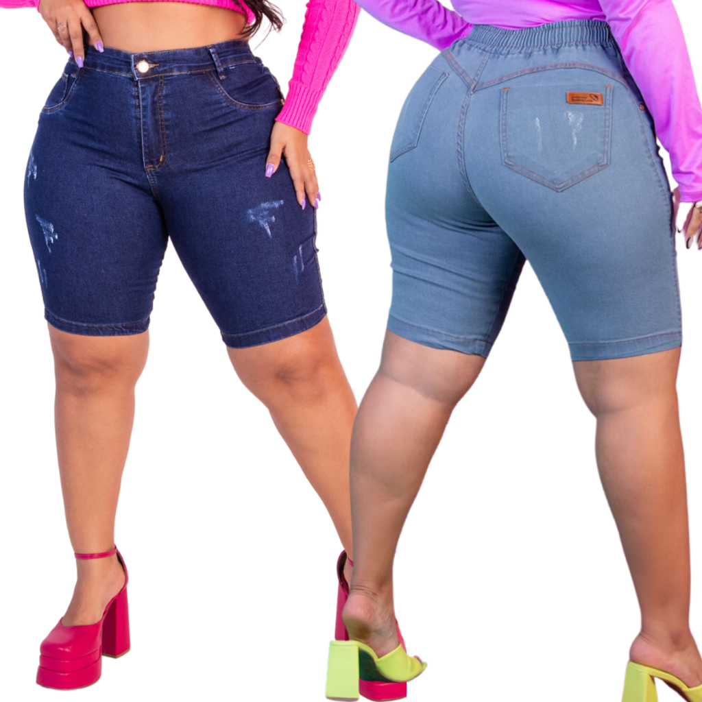 Kit De 2 Bermuda Jeans Feminina Plus Size Cós De Elástico Cintura Alta Com Elastano Qualidade