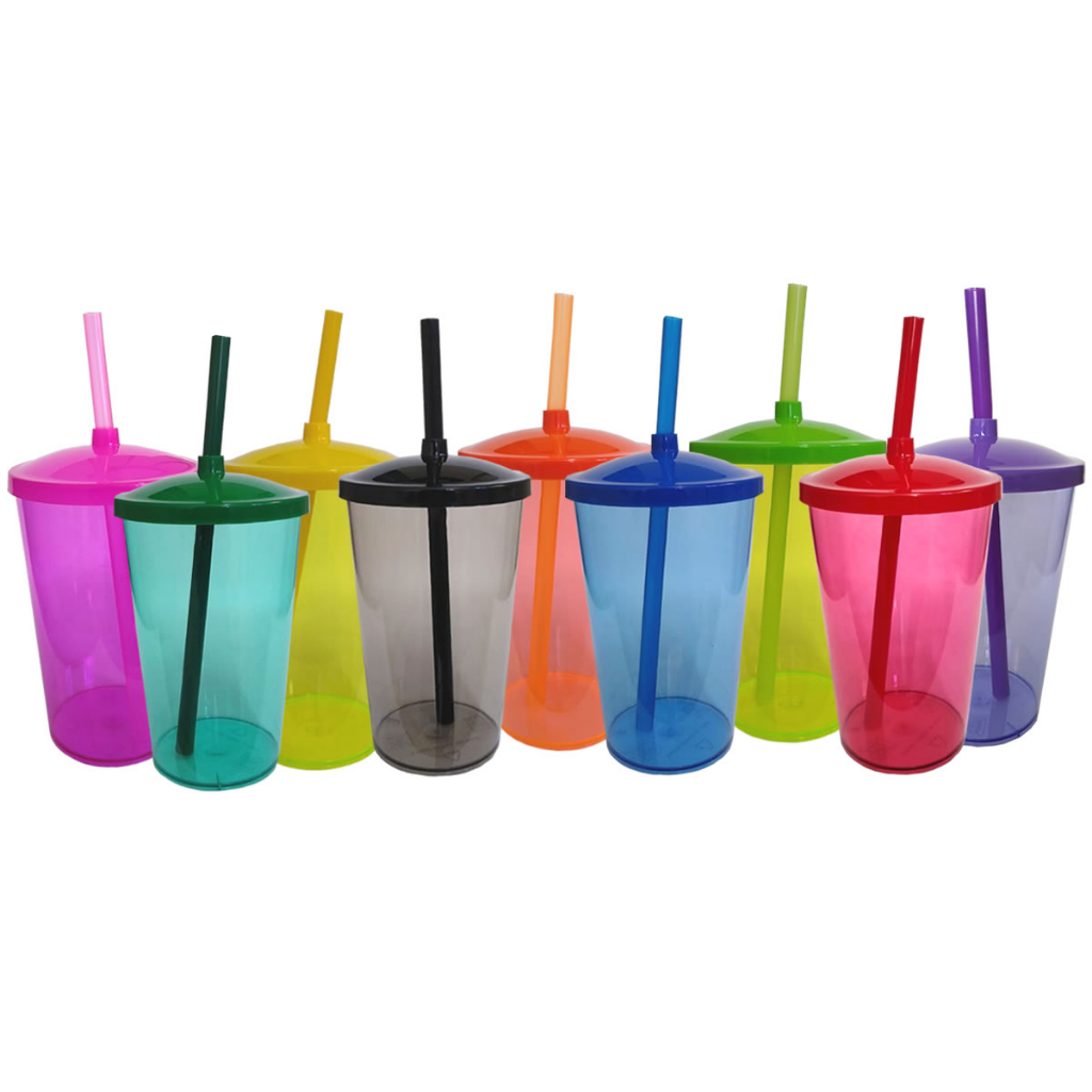 Copos Coloridos c/ Tampa e Canudo 500ml- 09 pçs- Festa de aniversário ...