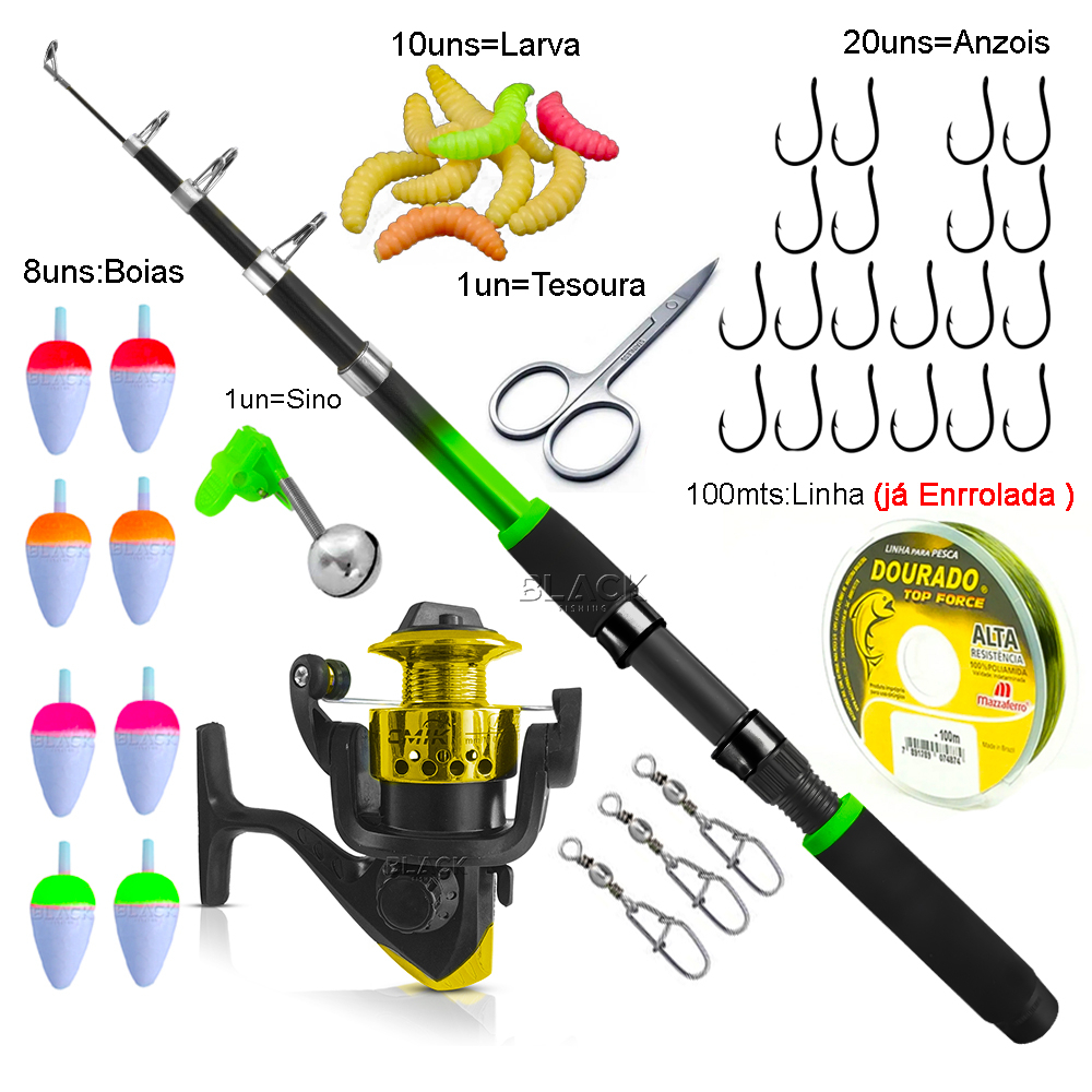 Kit de Pesca Completo Iniciante Vara e Molinete Com Linha Anzol Isca Artificial Mais Acessórios ...