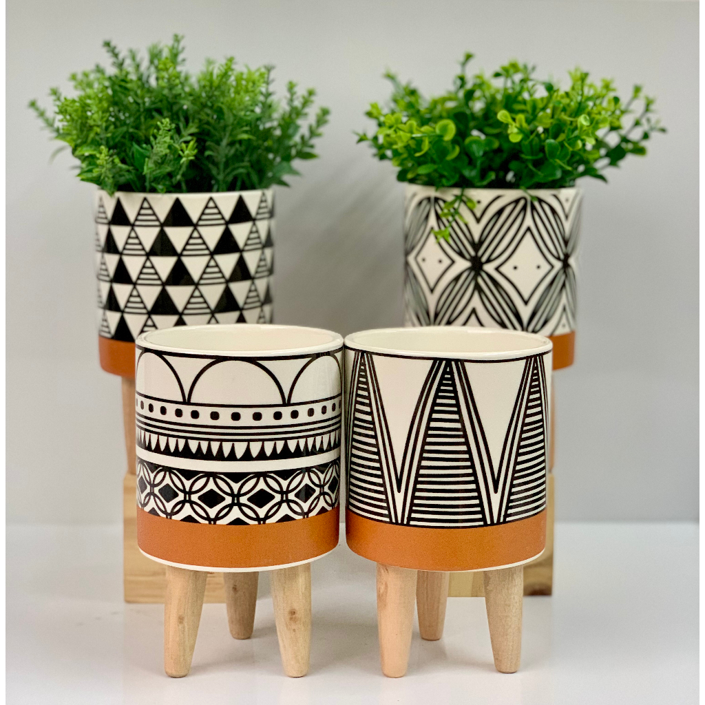 Cachepot Vaso Porcelana Com Pé Madeira Terracota Tribal Boho | Shopee ...