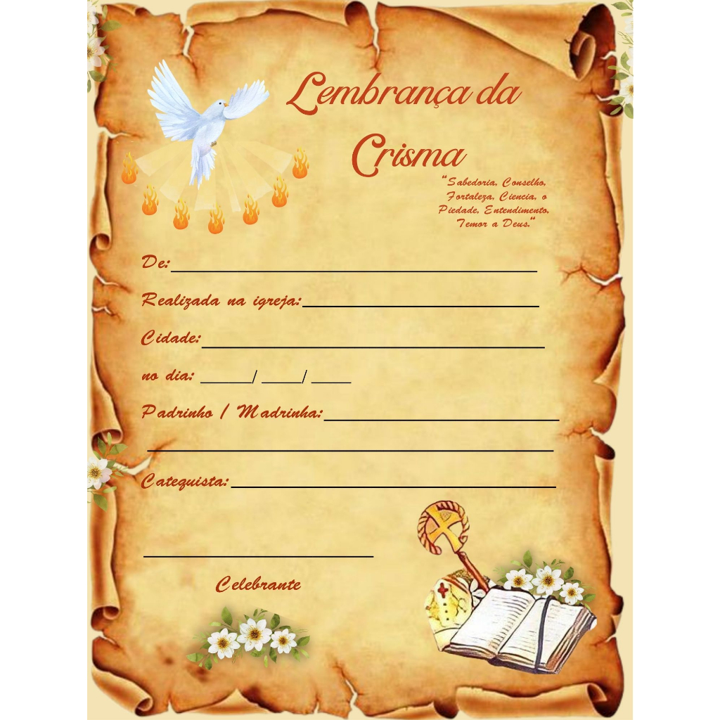 Certificado Lembrança Crisma Sacramento Igreja Católica Impresso Kit ...