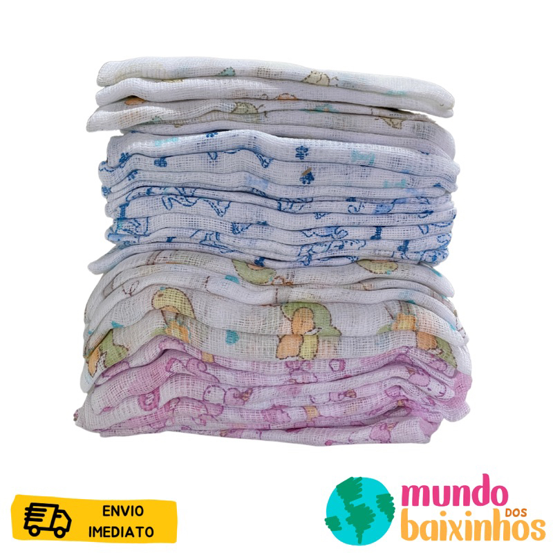 Kit com 15 Fralda de Pano bebê 100% Algodao Minasrey 65X65 estampada ...