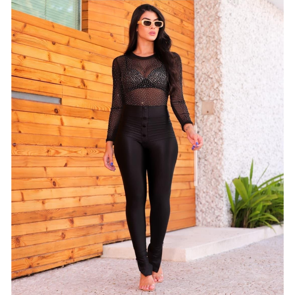 Body Tule Transparente Preto Manga Longa com Brilho Festa Balada ...