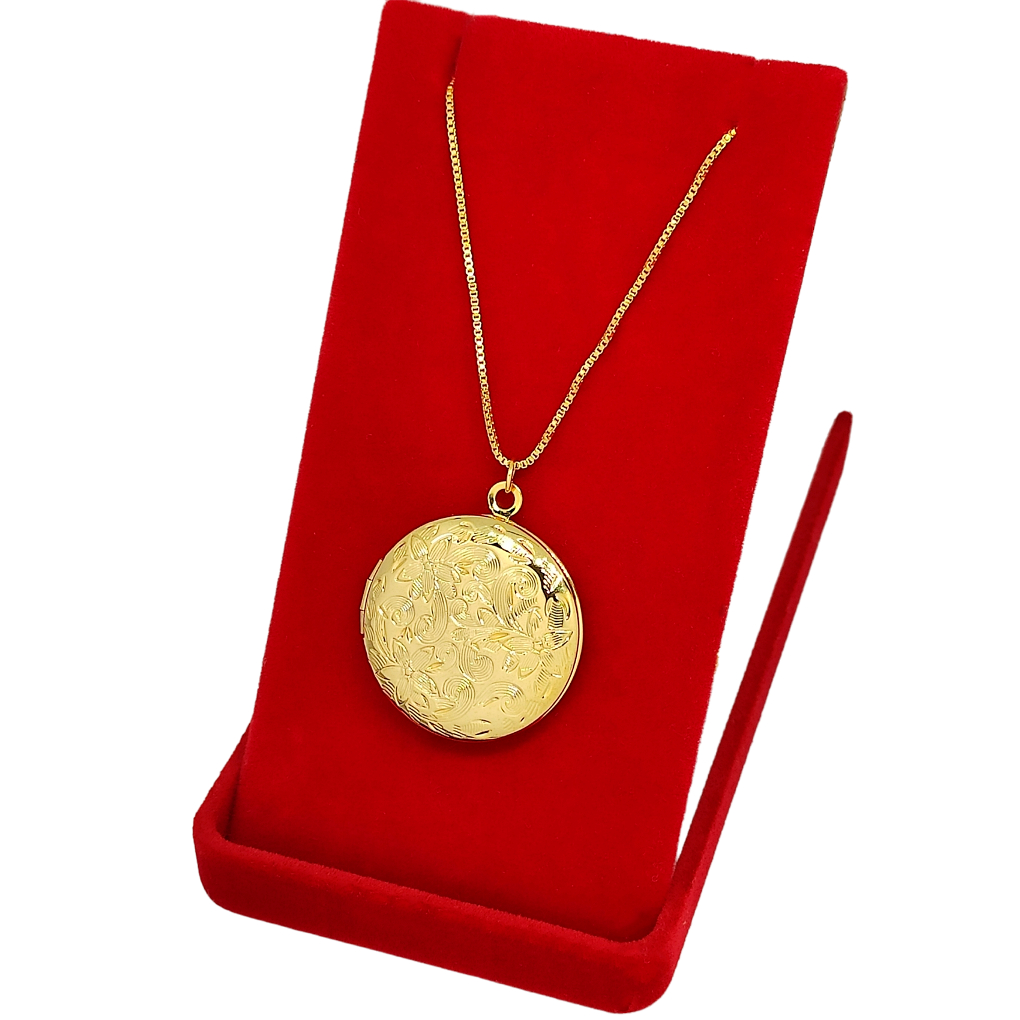 Colar Porta Relicário Fotos Redondo Floral Folheado Ouro 18k Delicado ...