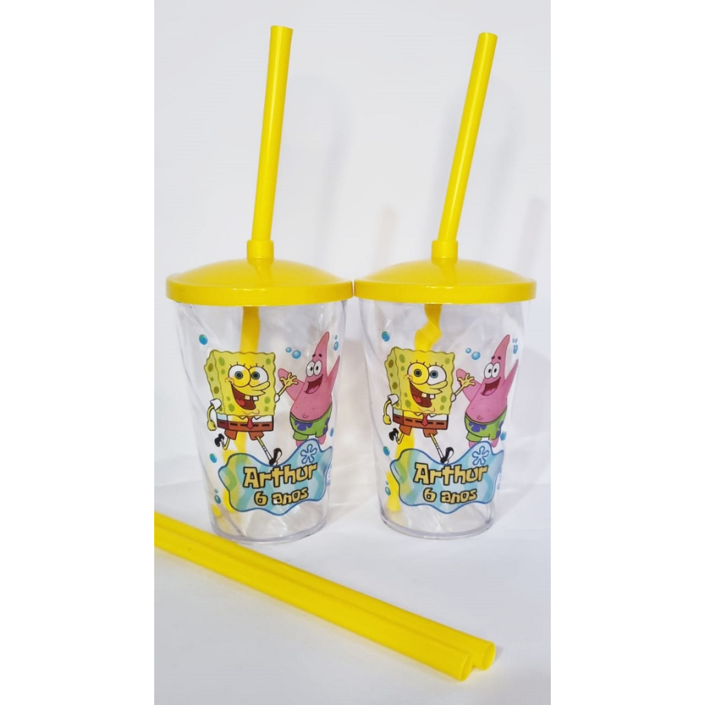 20 Copos Twister Shake C Tampa E Canudo Personalizado Bob Esponja