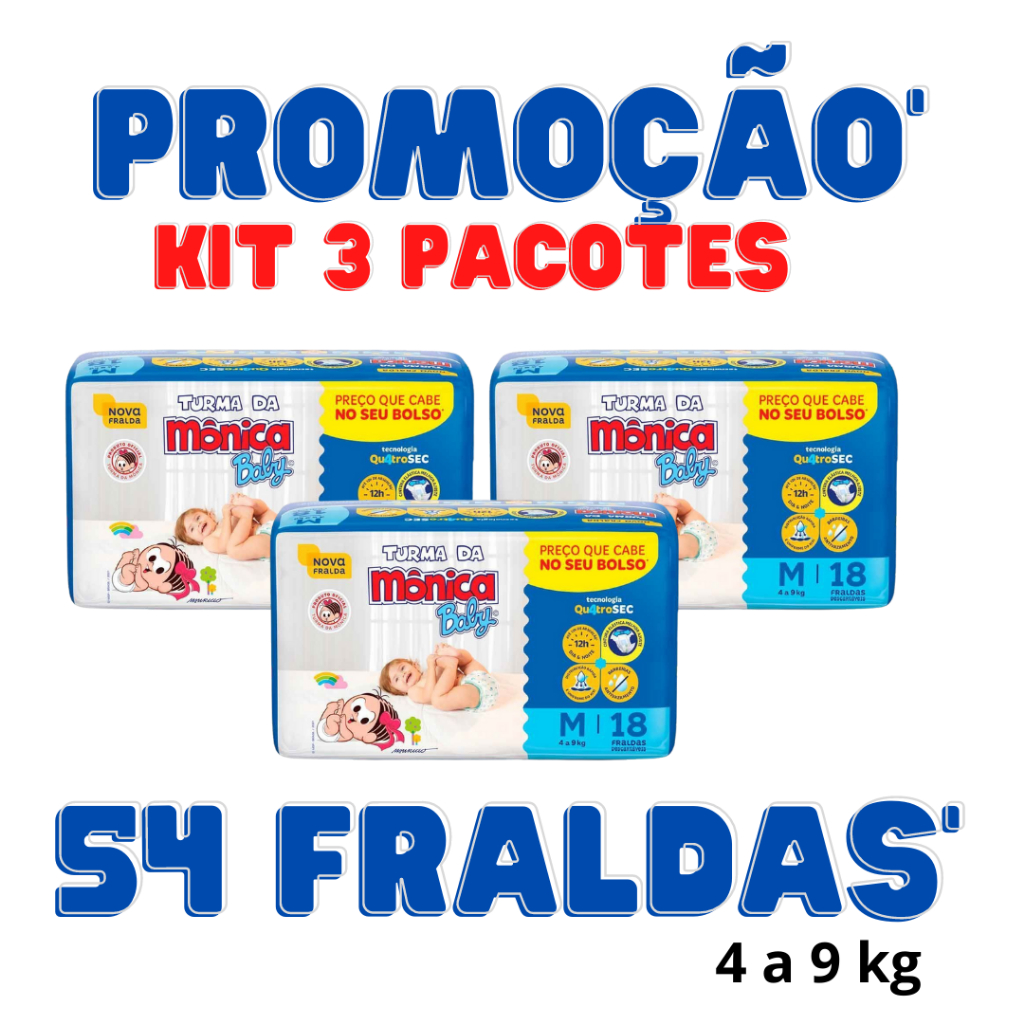 Kit Promoção 3 Pacotes de Fralda Tamanho M Turma da Monica Baby - Total ...