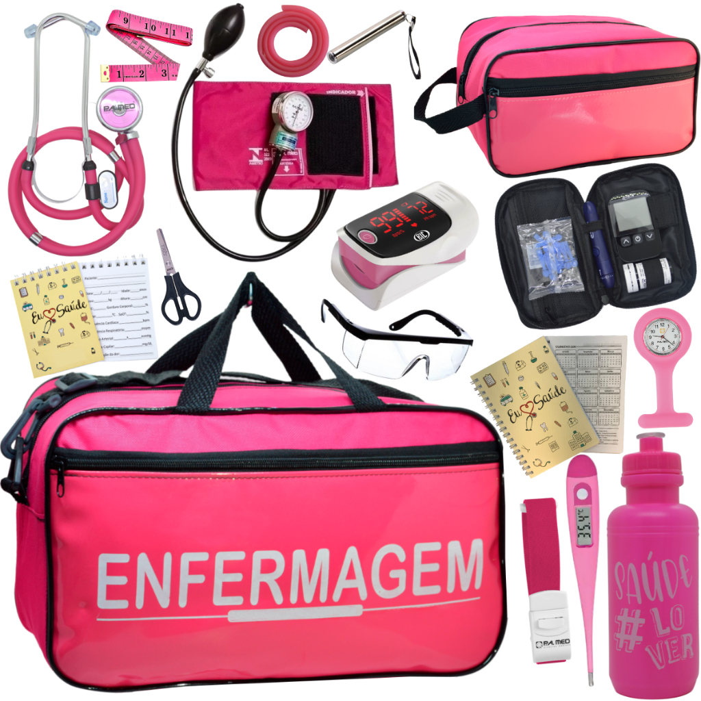 Kit Enfermagem Completo Bolsa Cores Esfigmomanometro Aparelho Pressao ...