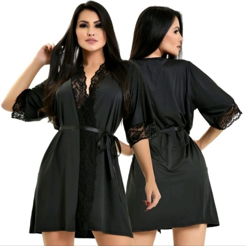Robe Hoby Microfibra Renda Luxo Sensual Conforto Roupão Sexy Noiva Lua ...