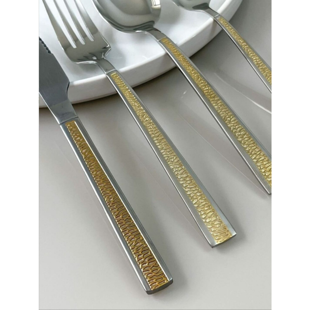 Jogo de Talheres em Aço Inox 24 Peças com Detalhes Dourado | Shopee Brasil
