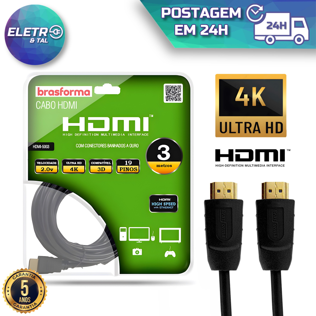Cabo HDMI 4K Gold 3,0 Metros 2.0 Ultra HD HDR 4K/120Hz Para Televisão Computador Video Games ...