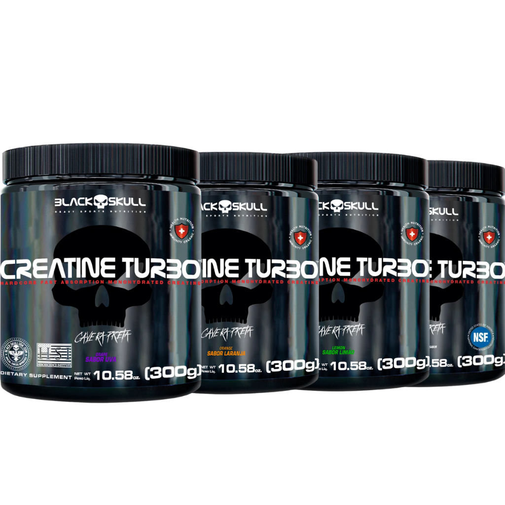 Kit 4x Creatina Monohidratada Creatine Turbo 300g Sabores Black Skull