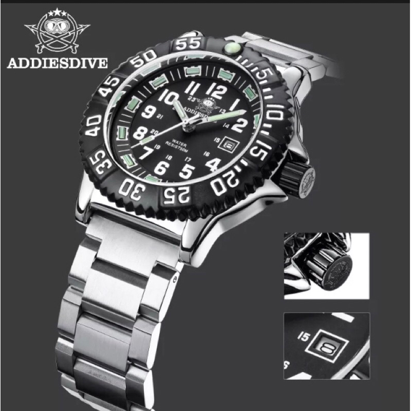 Relógio Quartzo Addiesdive Vidro Mineral Pulseira Aço Inoxidável 50m à ...