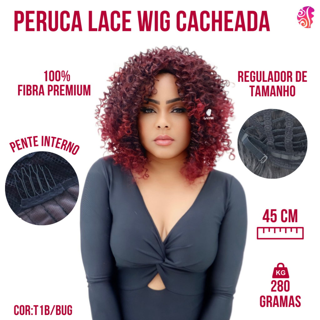 Peruca Lace Wig Cacheada Afro 45 cm - Fibra 100% Organica - Cheia ...