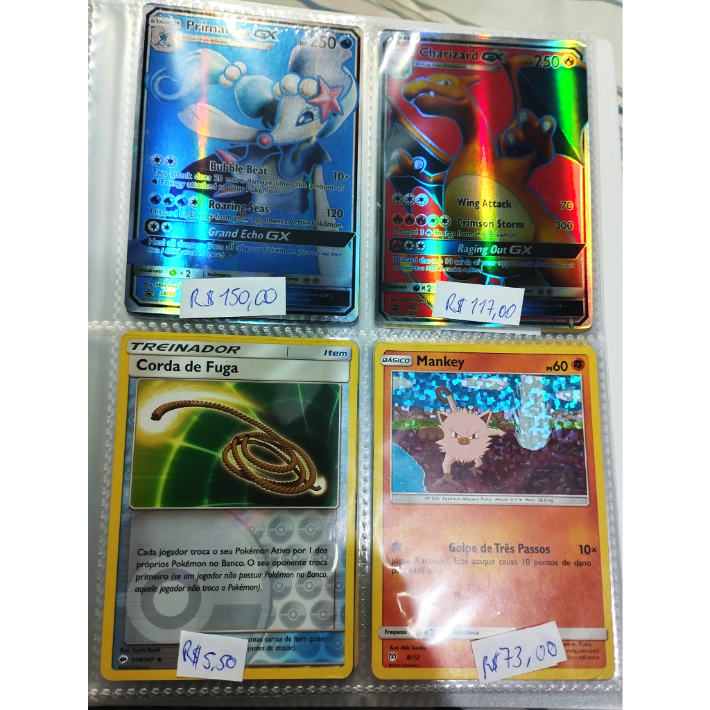 Lote 16 cartas cards pokemon raras Charizard Primarina Lunala Mankey ...