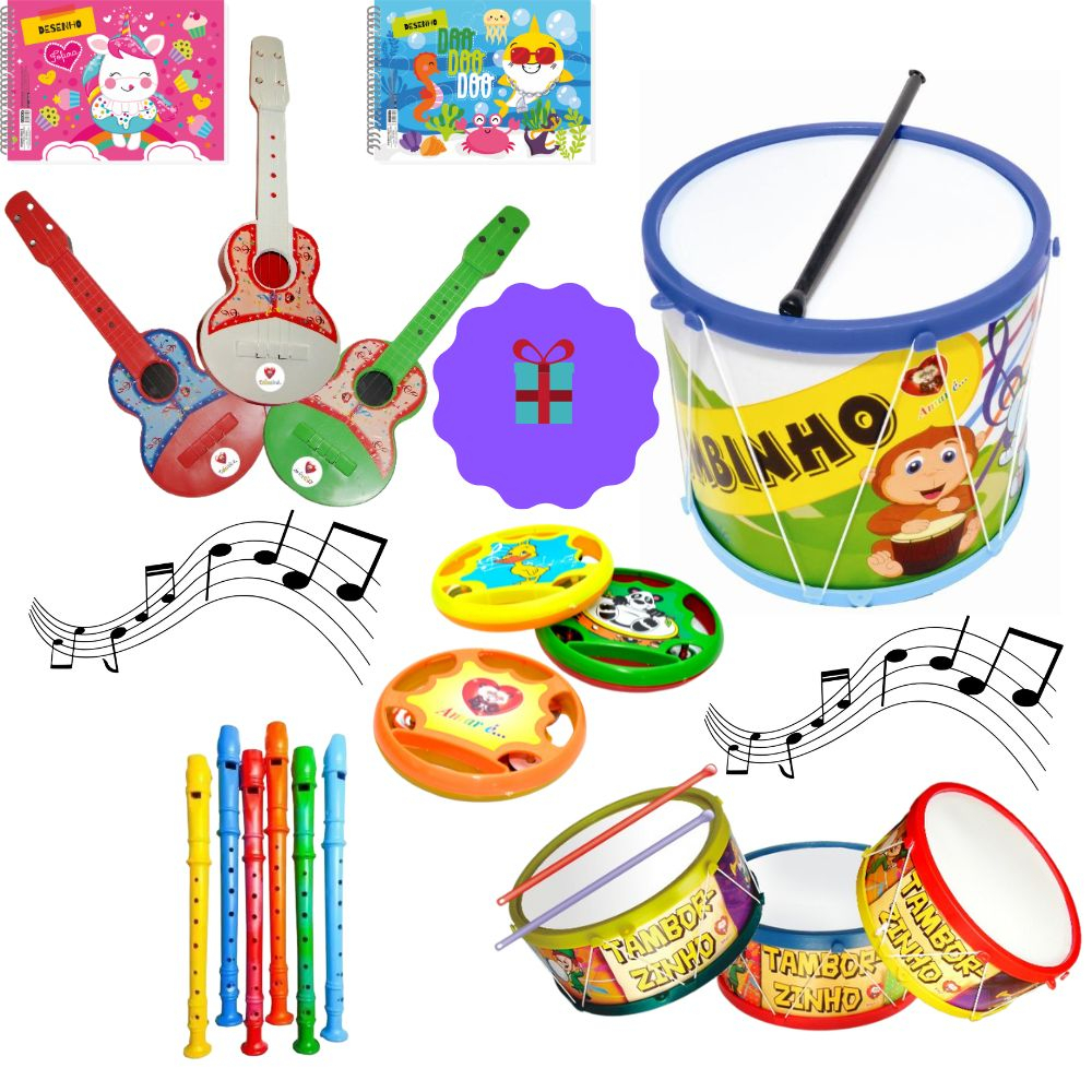 Kit Musical Brinquedo Flauta Bumbinho Viola Pandeiro Tambor | Shopee Brasil