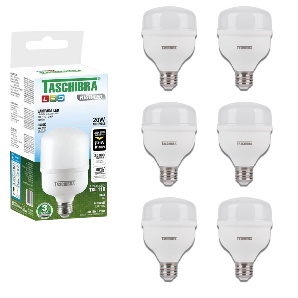 kit 6 LAMPADAS LED 20w Bulbo E27 Branco Frio 6500k Taschibra | Shopee Brasil