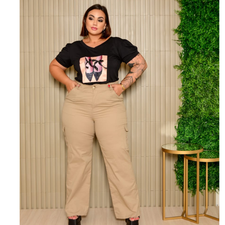 Calça cargo plus size Sarja Cintura Alta Moda inverno | Shopee Brasil
