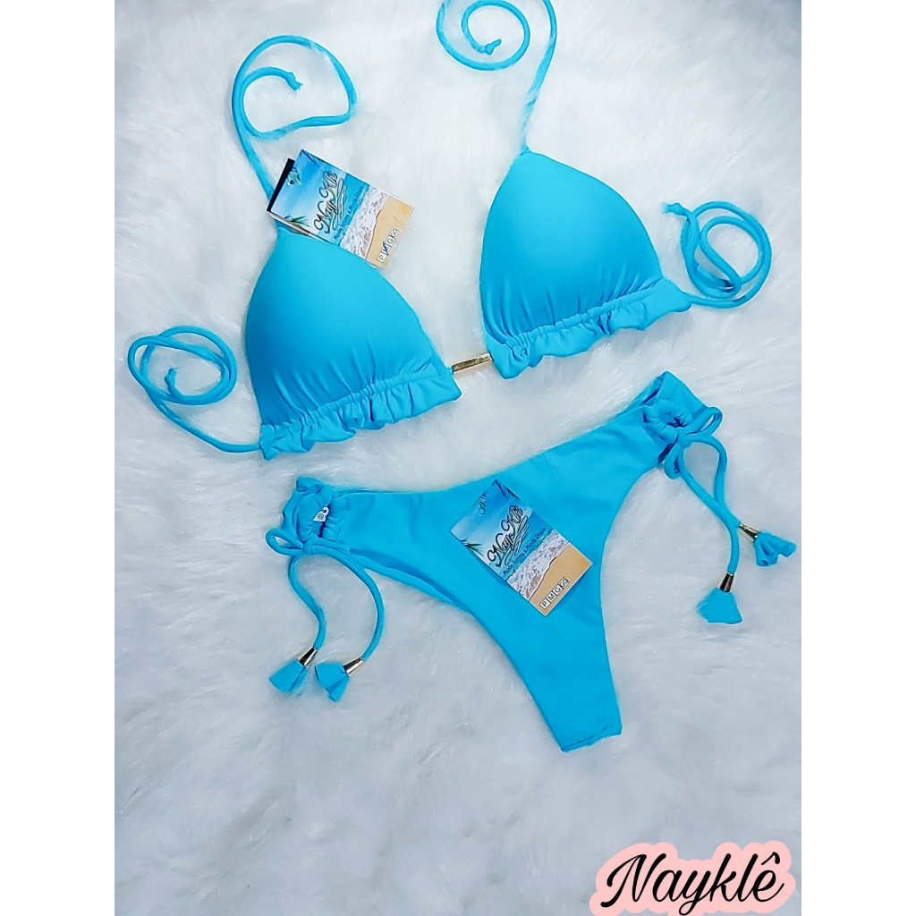 Biquini Cortininha Com Calcinha Fio Duplo Azul Piscina Shopee Brasil