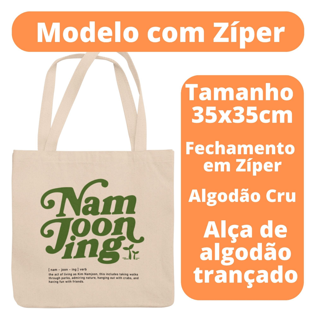 Bolsa Sacola Ecobag Com e Sem Zíper Musica BTS Namjooning 100% Algodão ...
