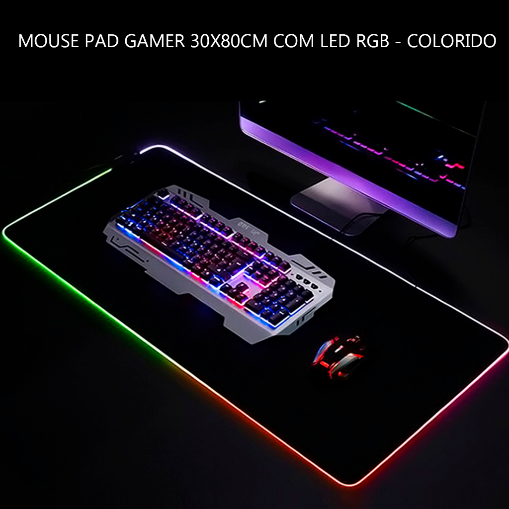 Mouse Pad Gamer Extra Grande 80x30cm Costurado com LED RGB Colorido nas ...