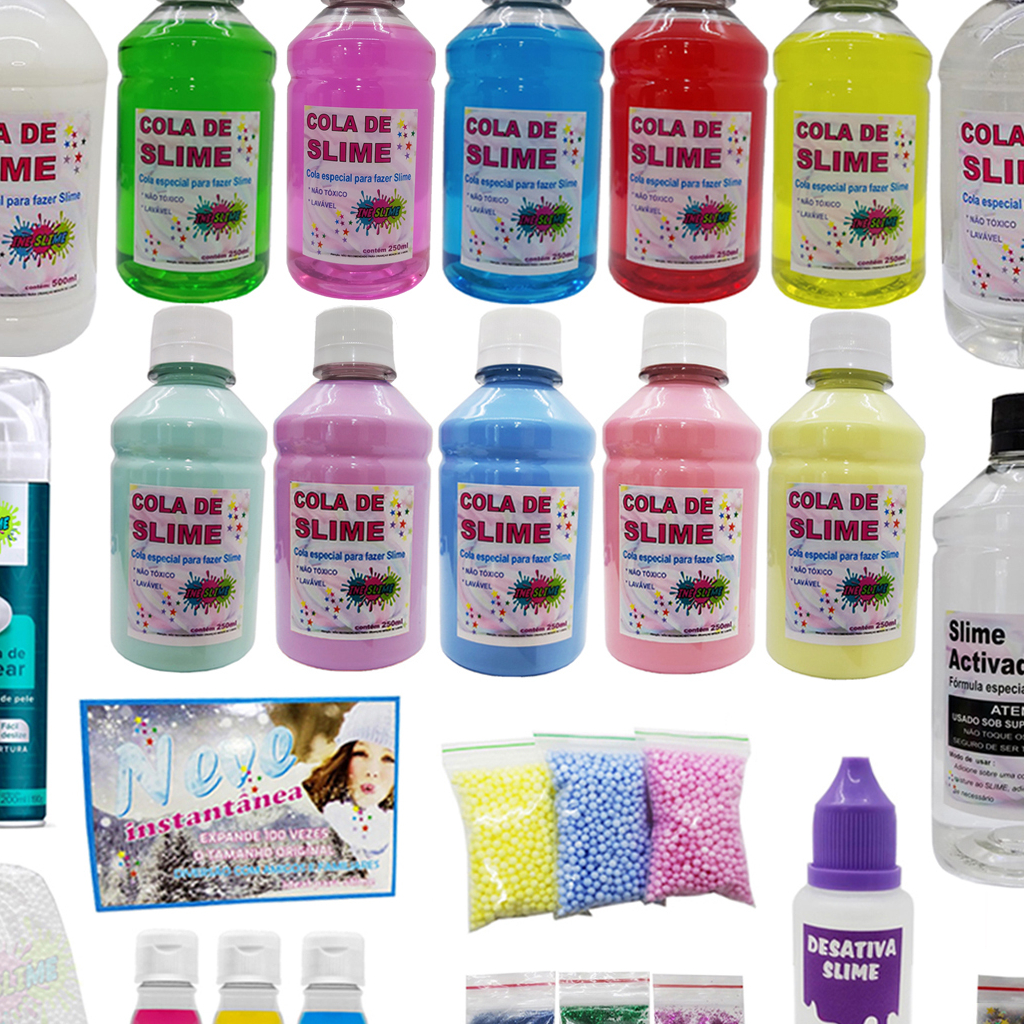 KIT SLIME SUPER COMPLETO COM NEVE ESPUMA DESATIVADOR ATIVADOR ...