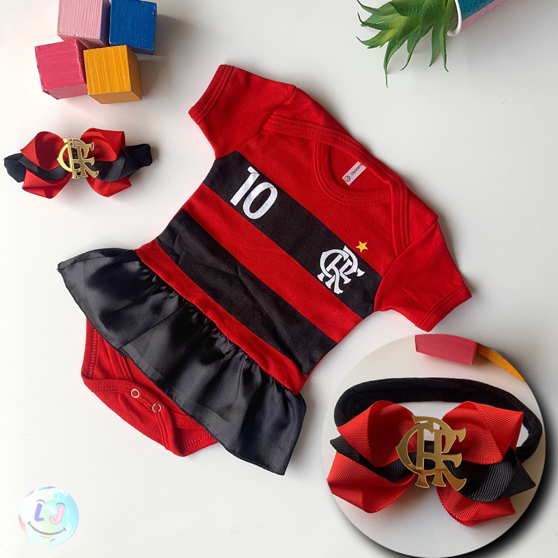Kit Novo do Flamengo Body Bebê Menina + Faixinha Brasão Dourado ...