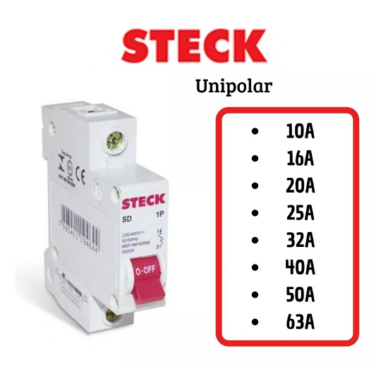 Disjuntor Steck Unipolar Monopolar Curva C 10a, 16a, 20a, 25a, 32a, 40a, 50a, 63a | Shopee Brasil